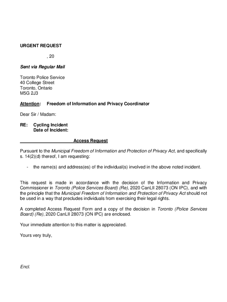 Fillable Online URGENT REQUEST , 20 Sent via Regular Mail Toronto ...