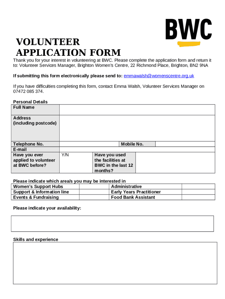BWC Volunteer application - Brighton Women's Centre - womenscentre org ...