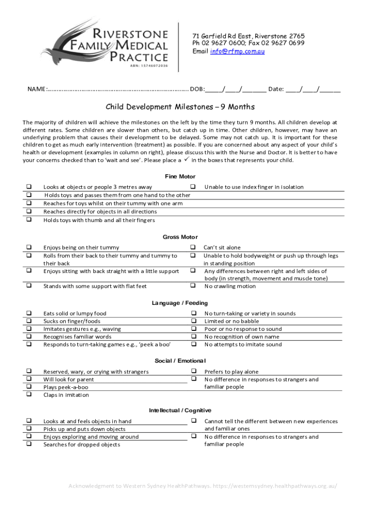 Fillable Online Child Development Milestones9 Months Fax Email Print - pdfFiller