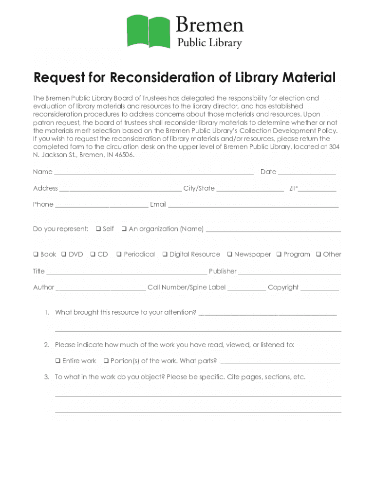 Fillable Online Request for Reconsideration of Library Material - Bremen Public ... Fax Email ...