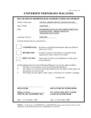 Fillable Online DECLARATION OF THESIS/POSTGRADUATE PROJECT PAPER AND ...