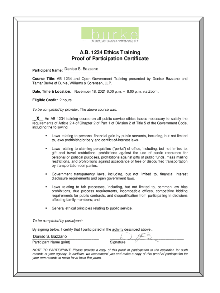 Fillable Online A.B. 1234 Ethics Training Proof of Participation ...