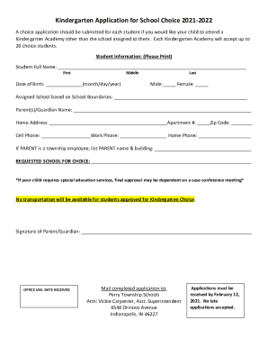 Fillable Online Kindergarten Application for School Choice 2021-2022 ...