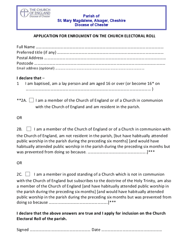 Fillable Online Electoral Roll Form - St Mary Magdalene, Enfield Fax ...