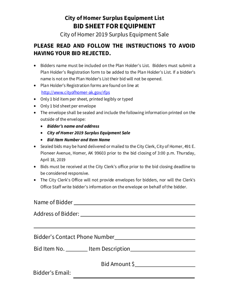 Fillable Online Homer Harbor Surplus Equipment Sale Invitation to Bid ...