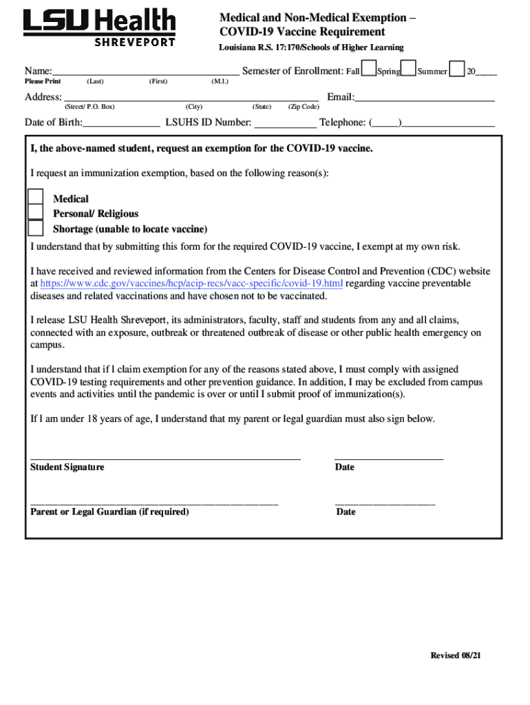 Fillable Online Immunization Exemption Form, COVID19 Requirement 08232021 Fax Email Print ...