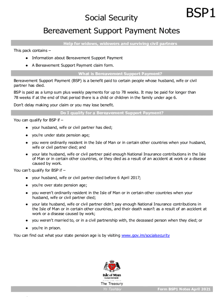 Fillable Online Bereavement Support Payment: BSP1 form - GOV.UK Fax ...