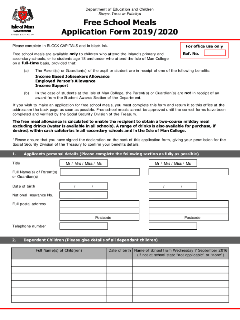 Fillable Online Free School Meals Application Form 2016-2017 (Read-Only ...