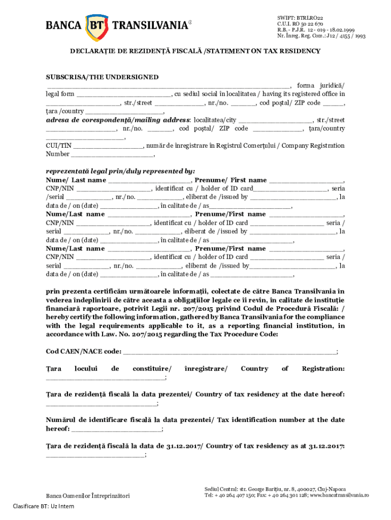 Fillable Online Clasificare BT: Uz Intern FISCAL RESIDENCE STATEMENT ...