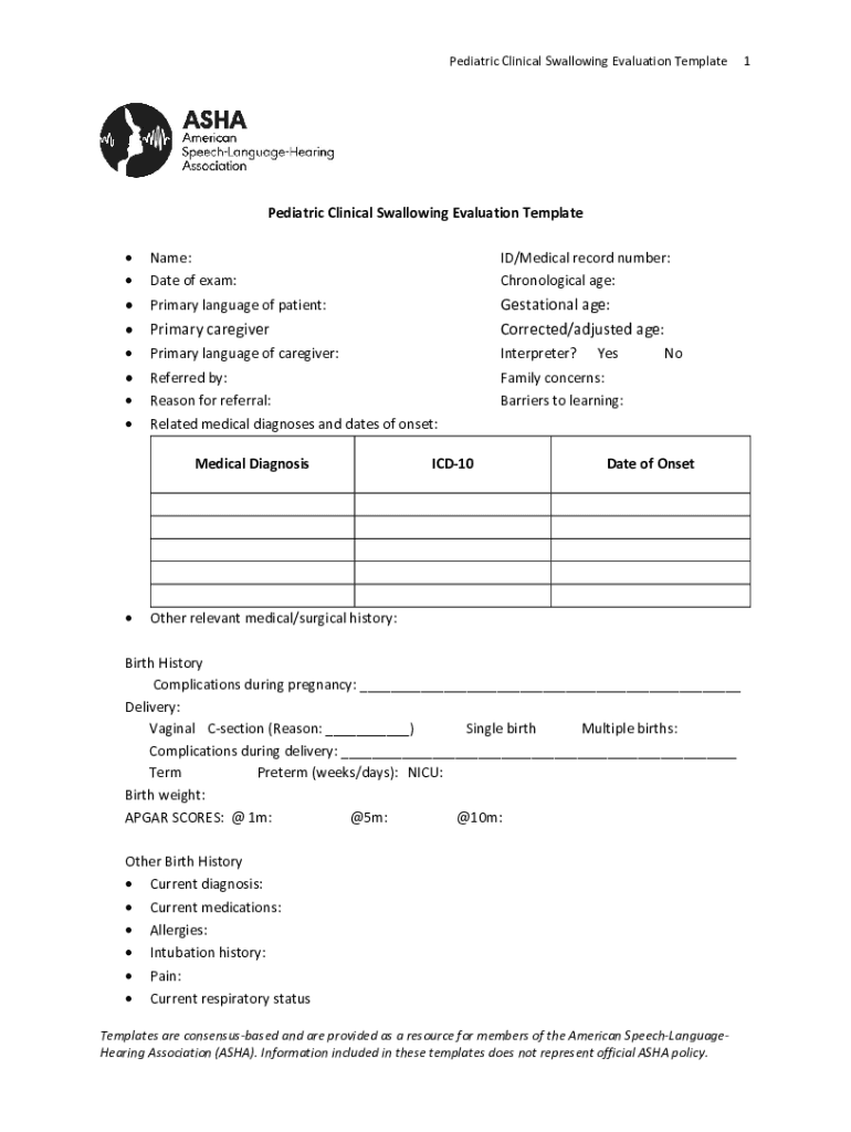 Fillable Online Pediatric Clinical Swallowing Evaluation Template Fax ...