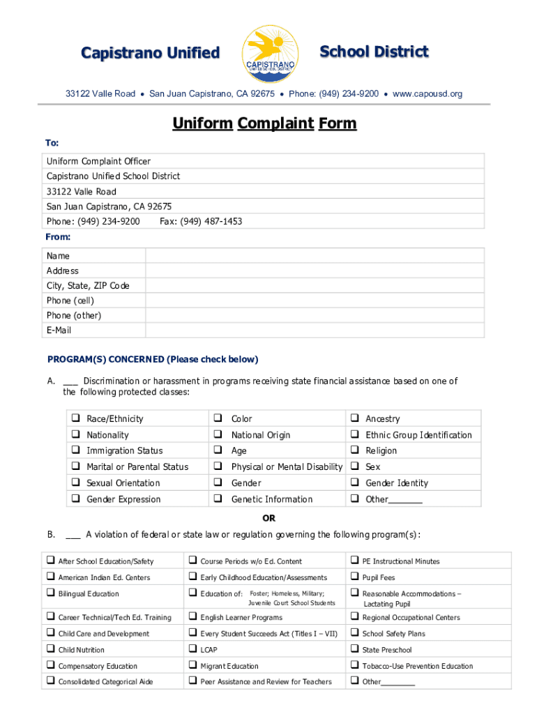 Fillable Online Uniform Complaint Form Capistrano Unified School ...