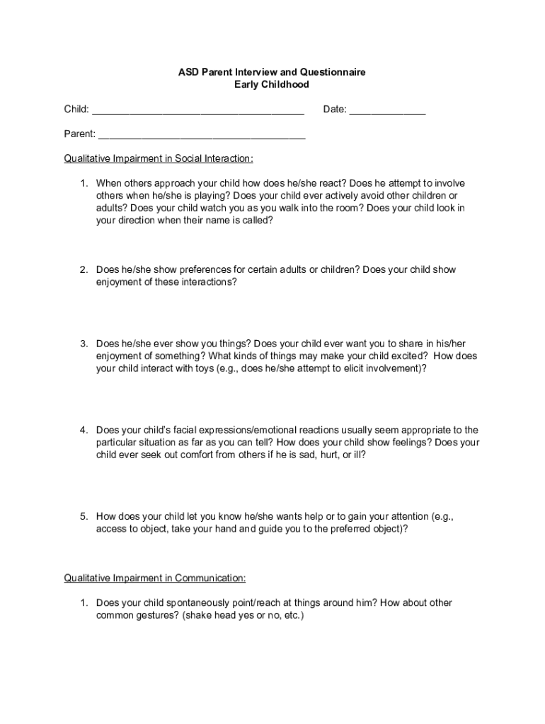 Fillable Online ASD Parent Interview and Questionnaire Early Childhood ...