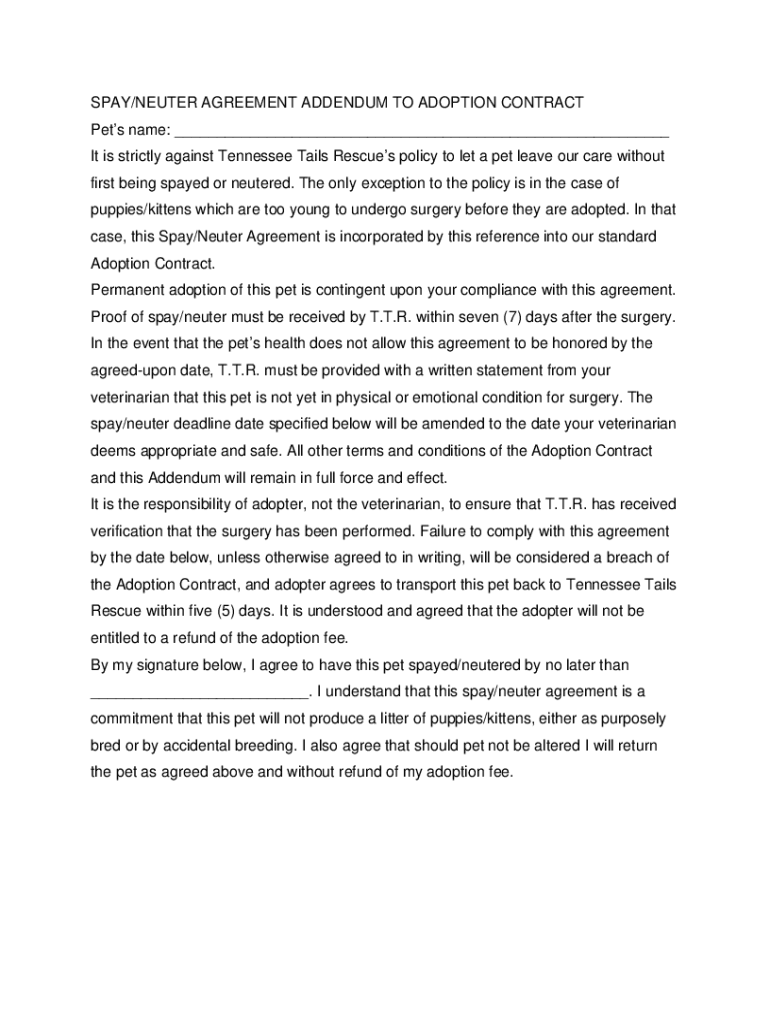 Fillable Online spay/neuter agreement addendum to adoption contract Fax ...
