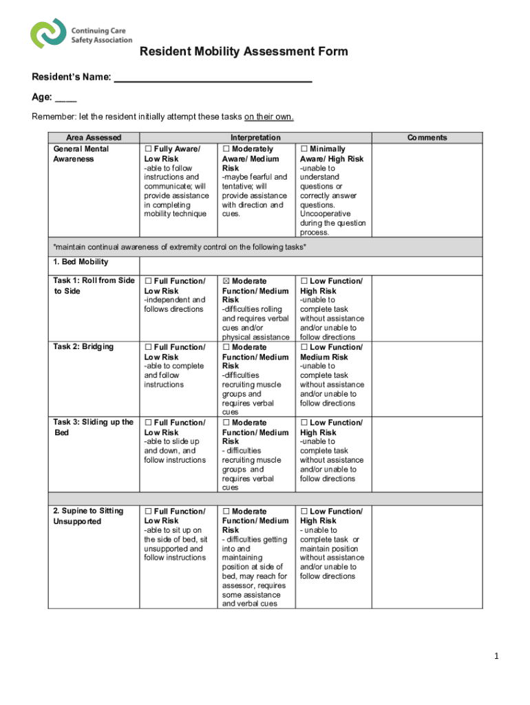 Fillable Online Resident Mobility Assessment Form (no logo).docx Fax ...