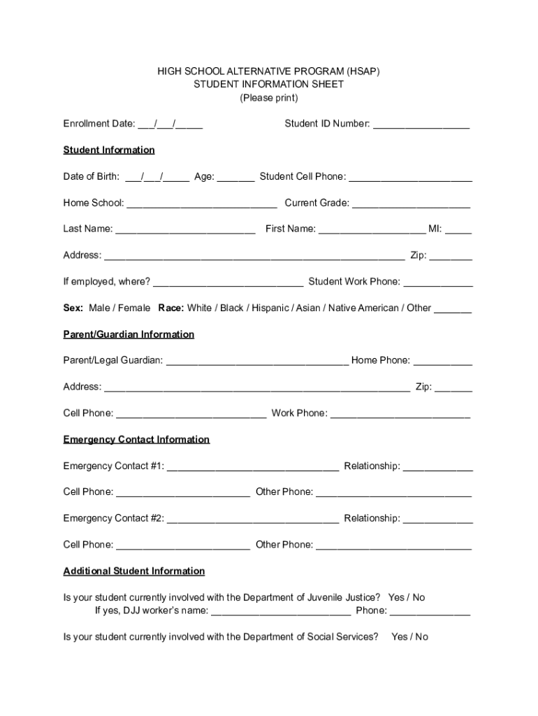 Fillable Online HSAP Student Information Sheet Fax Email Print - pdfFiller