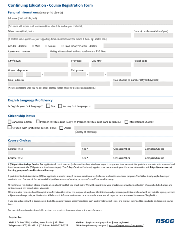 Fillable Online Continuing Education - Course Registration Form - NSCC Fax Email Print - pdfFiller