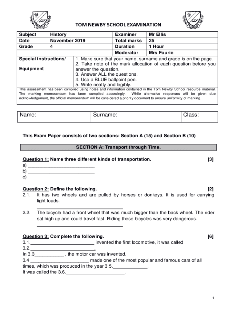 Fillable Online Grade-4-History-Exam-November-2019 ... - Tom Newby ...