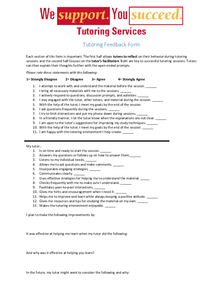 Fillable Online Tutoring Feedback Form Fax Email Print - pdfFiller