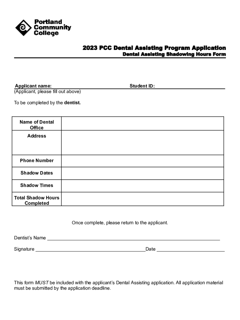 Fillable Online Dental Assisting Shadowing Hours Form Fax Email Print - pdfFiller