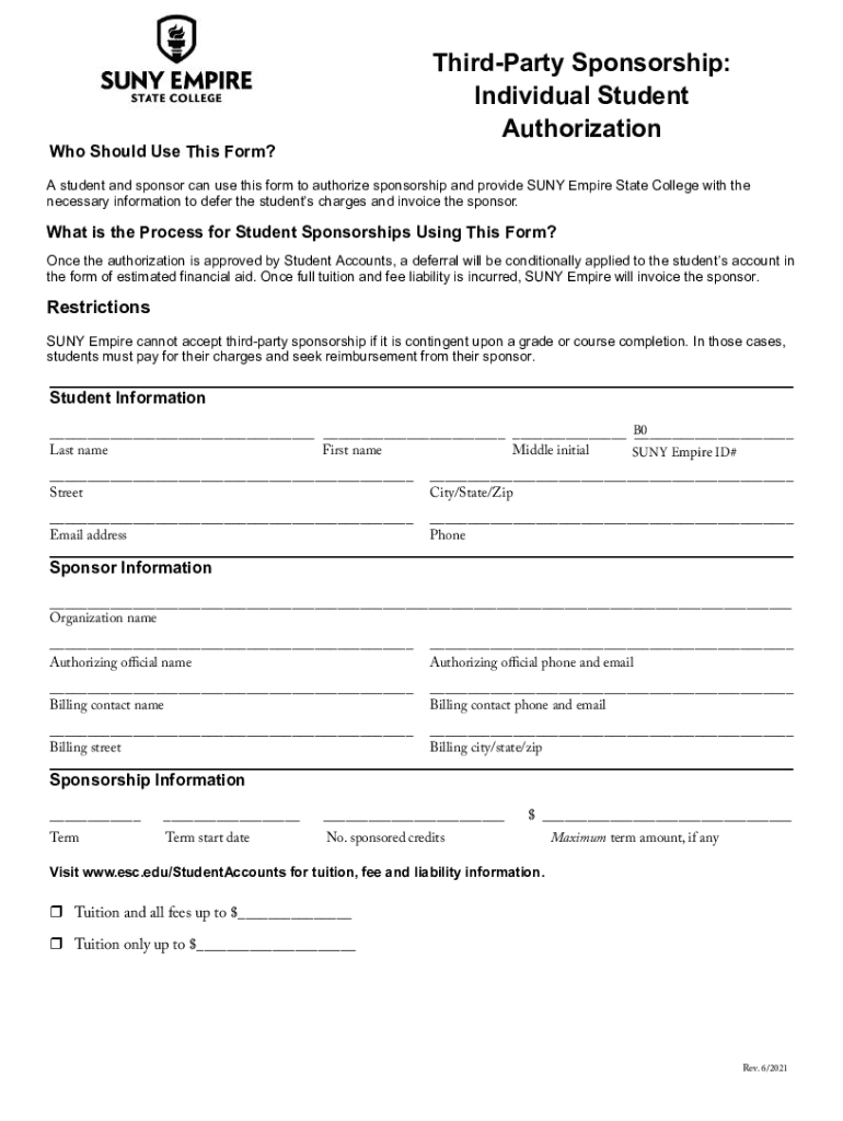 Fillable Online Third-Party Sponsorship: Individual Student ...