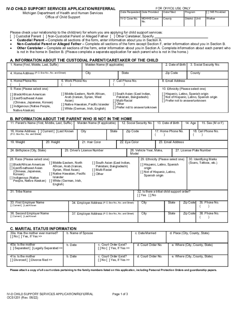 Fillable Online Application for IV-D Child Support Services - Michigan ...