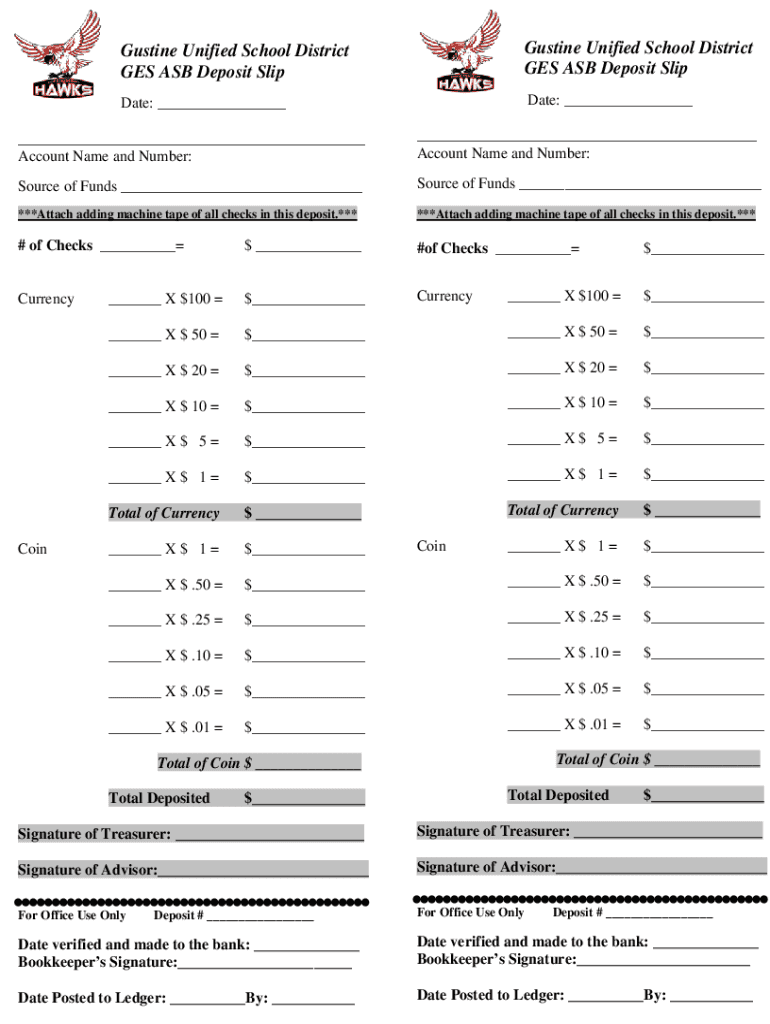 Fillable Online Gustine Unified School District GES ASB Deposit Slip ...