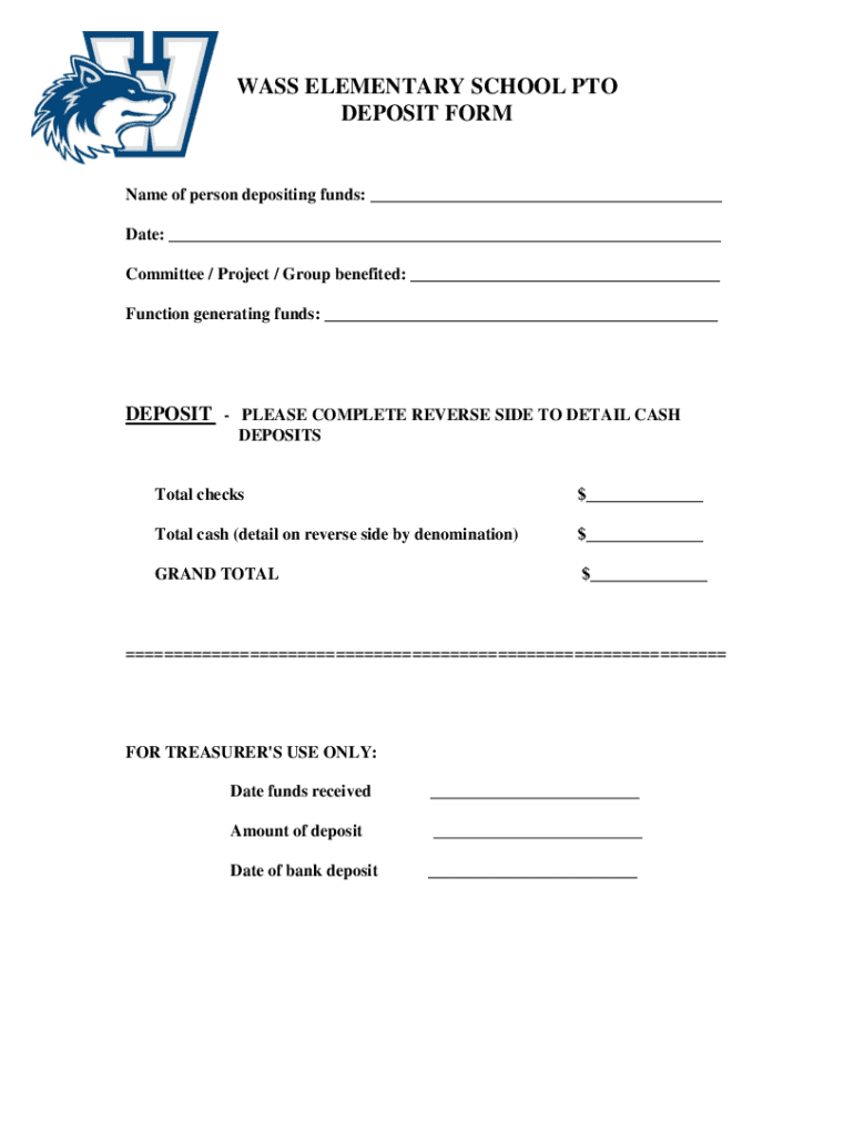 Fillable Online wass elementary school pto deposit form Fax Email Print ...