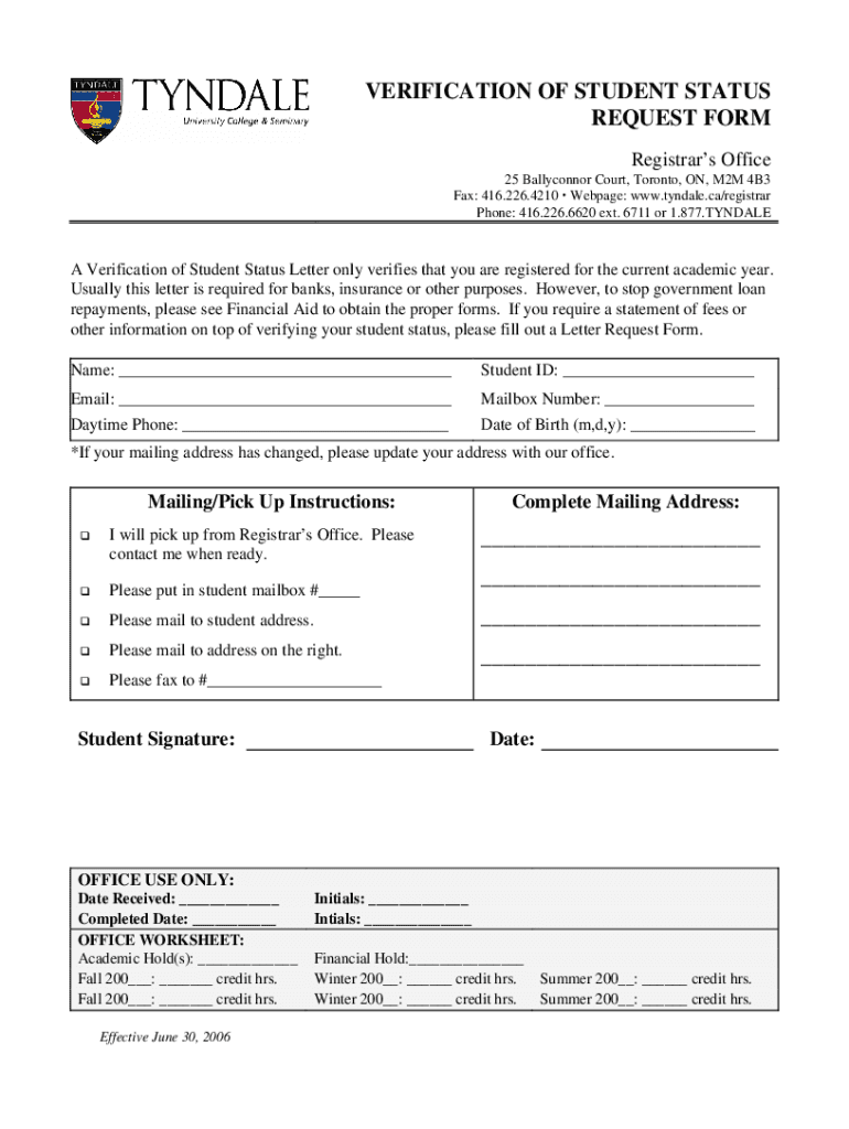 Fillable Online Verification of Student Status Request Form Fax Email Print - pdfFiller