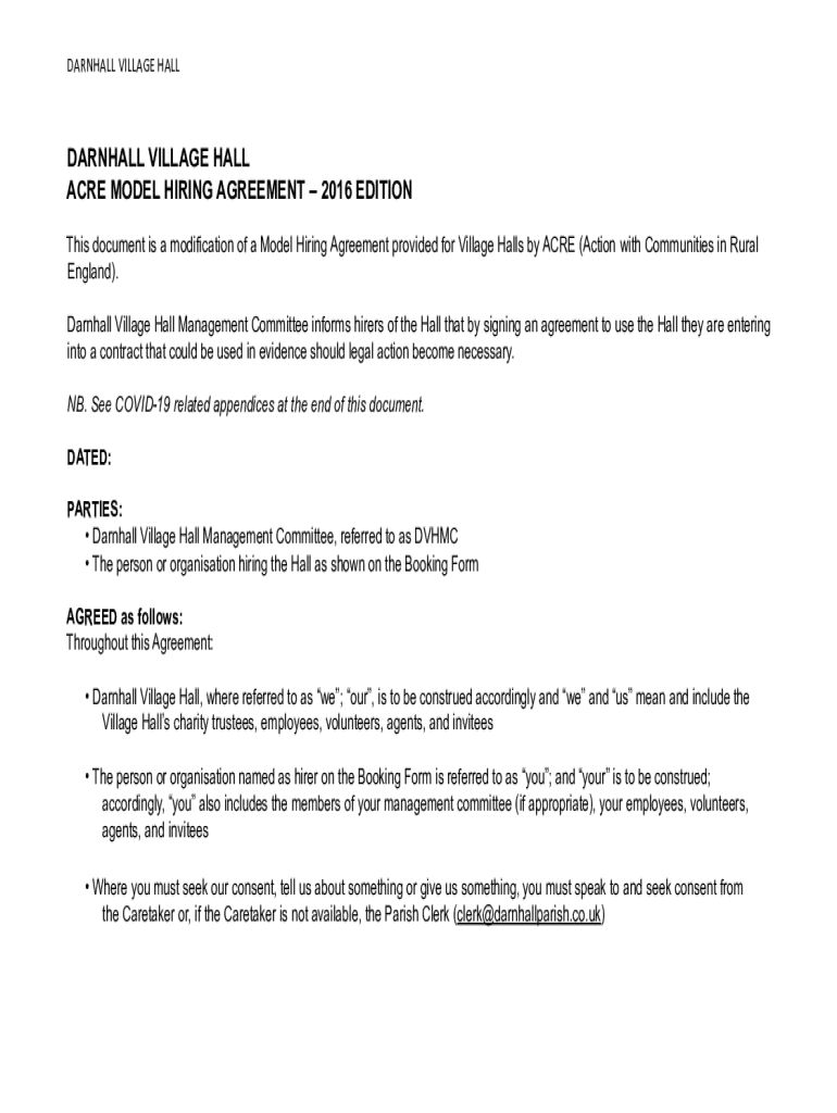 Fillable Online Hiring Agreement template for village halls - DD.pdf ...