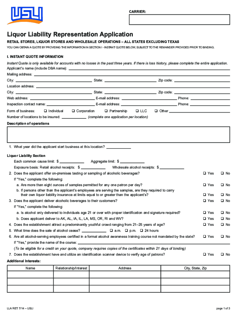 Fillable Online Liquor Liability Application - Erickson-Larsen Fax ...