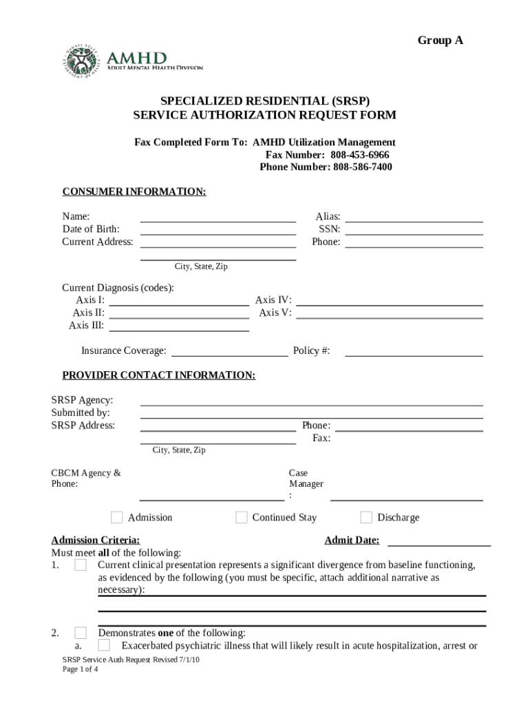 Service Authorization Request - Hawaii Department of Health Doc ...