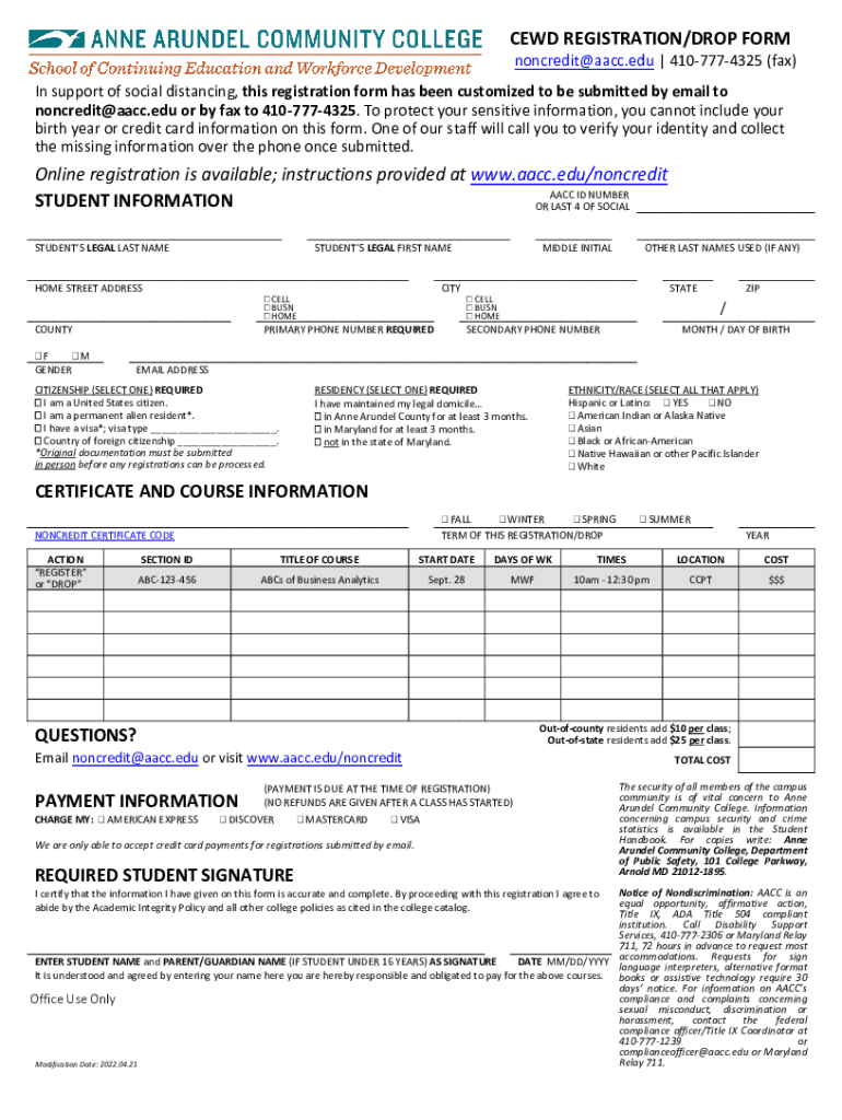 Fillable Online Continuing Education and Workforce Registration/Drop ...