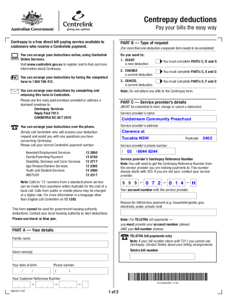 Fillable Online Centrepay deductions form - Department of Human ...