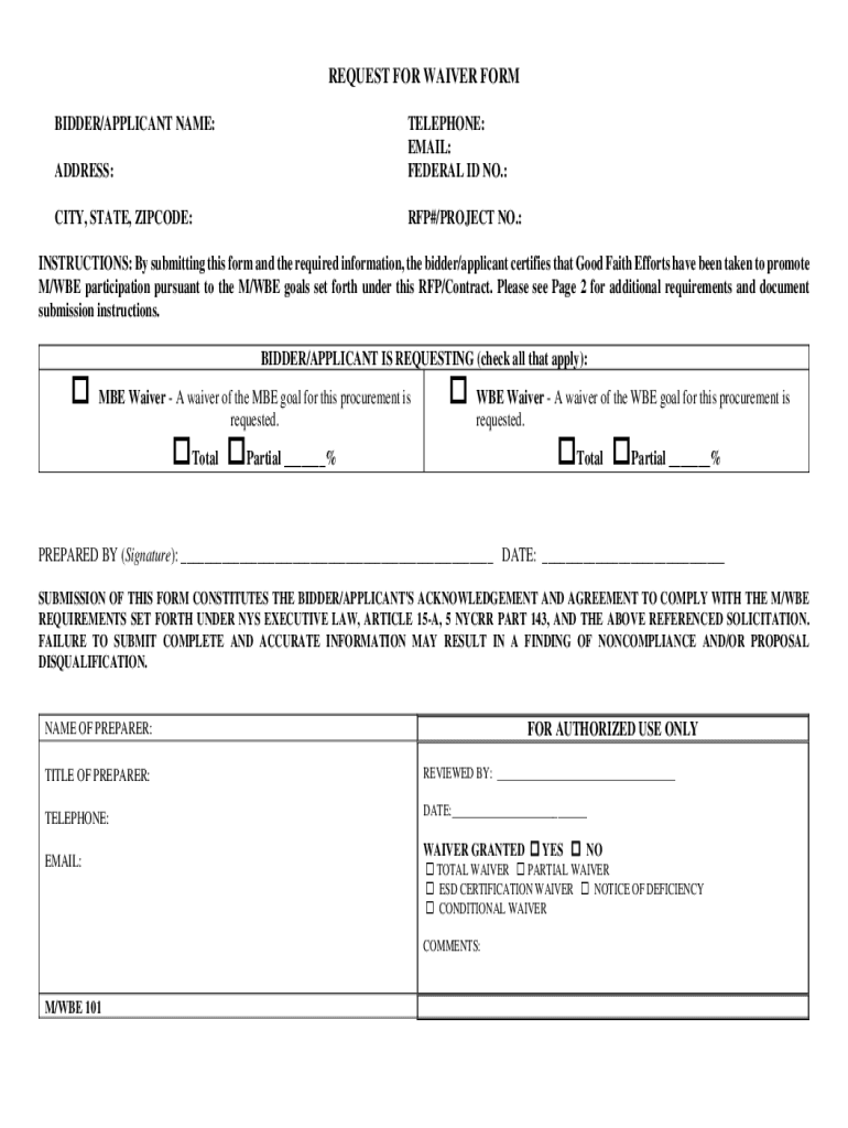 Fillable Online 101 REQUEST FOR WAIVER FORM Fax Email Print - pdfFiller