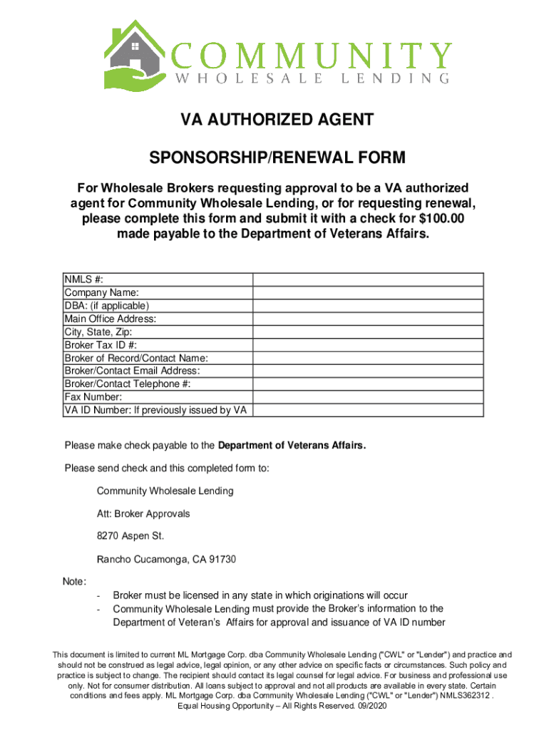 Fillable Online VA Authorized Agent Sponsorship/Renewal Form Fax Email ...