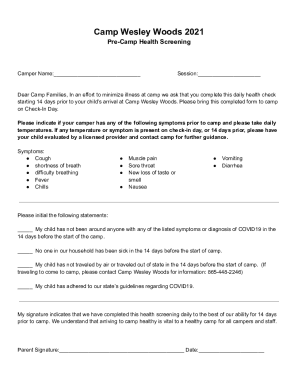 Fillable Online Pre-Camp Health Screening Form - Squarespace Fax Email ...