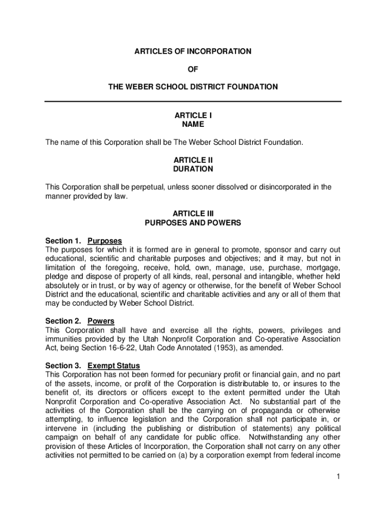 Fillable Online articles of incorporation - Weber State University Fax Email Print - pdfFiller