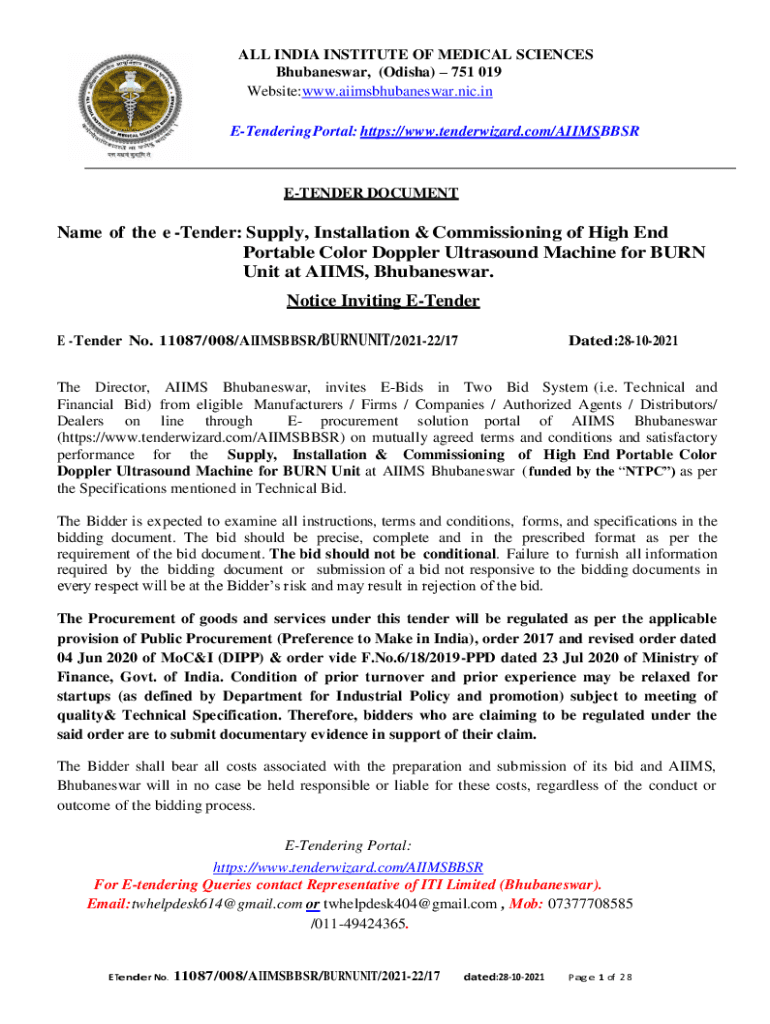 Fillable Online e-tender document - AIIMS Bhubaneswar Fax Email Print ...