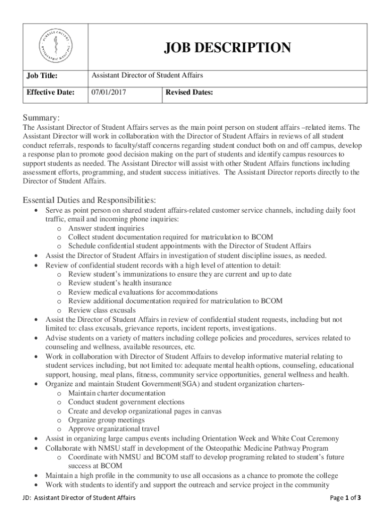 Fillable Online Assistant Director of Student Affairs - JOB DESCRIPTION ...