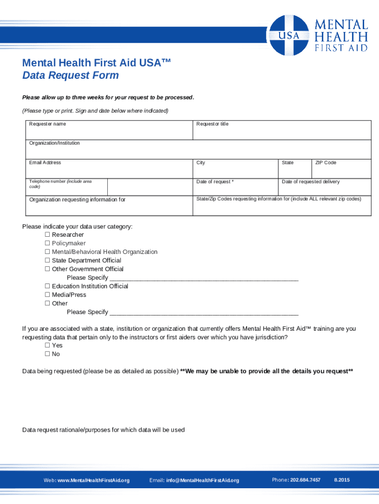 Mental Health First Aid USA Data Request Doc Template | pdfFiller