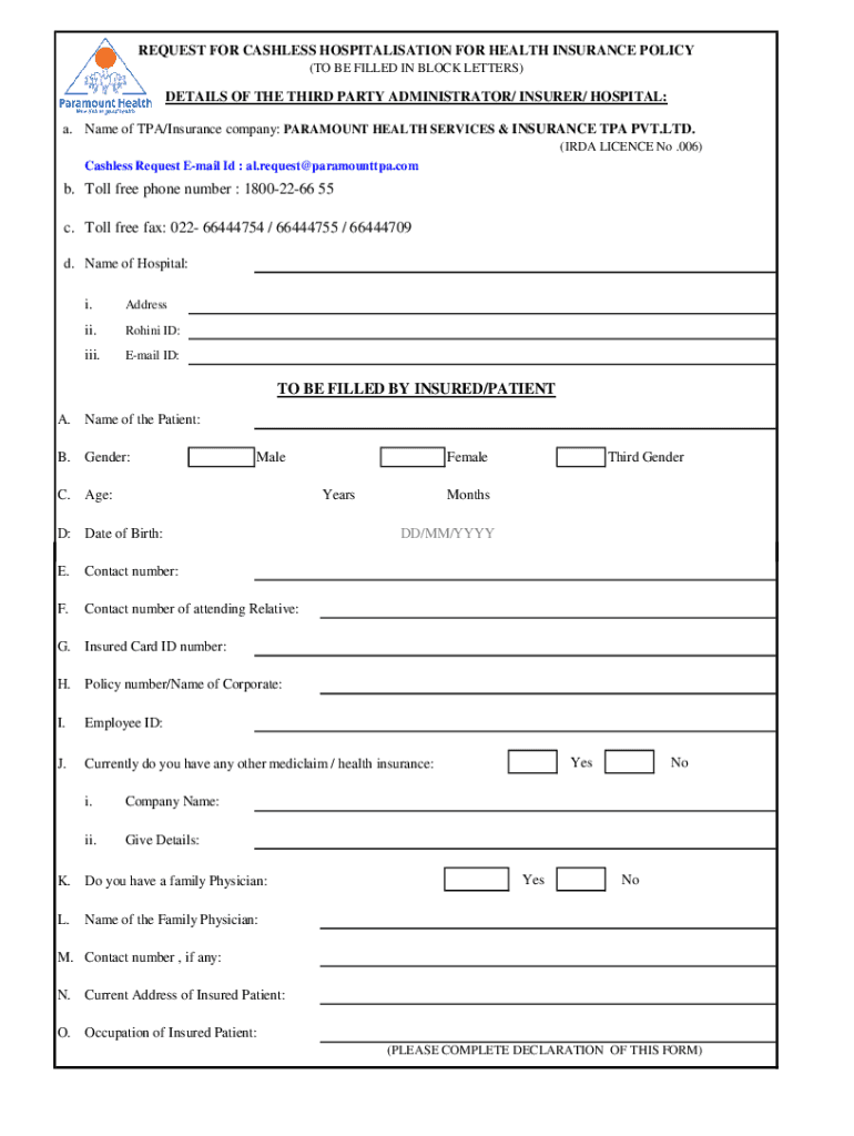 Md India Cashless Request Form - Fill Online, Printable, Fillable, Blank | pdfFiller