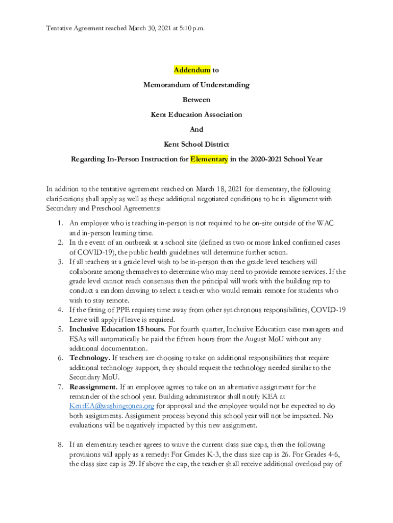 Fillable Online KEA Addendum to MOU Regarding In-Person Instruction for ...