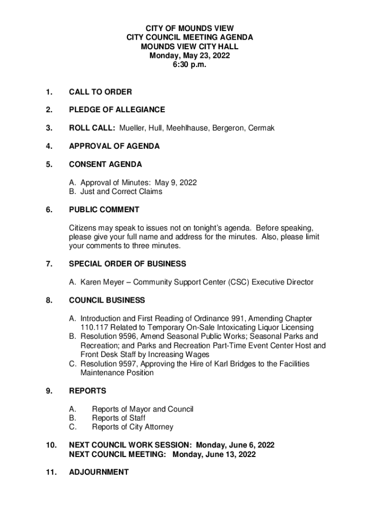 Fillable Online City Council - Welcome to Mounds View, Minnesota Fax ...