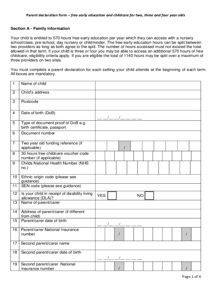 Fillable Online Parent declaration formfree early education and ...