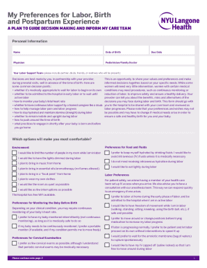 Fillable Online My Preferences for Labor, Birth and Postpartum ...