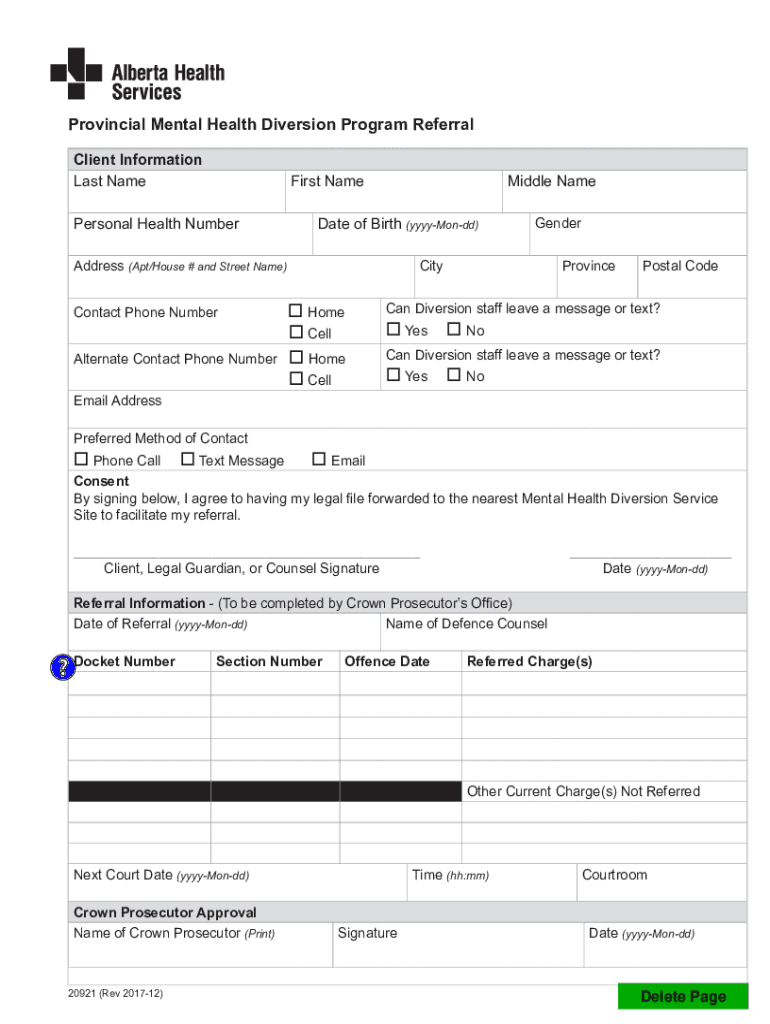 Fillable Online Provincial Mental Health Diversion Program Training ...