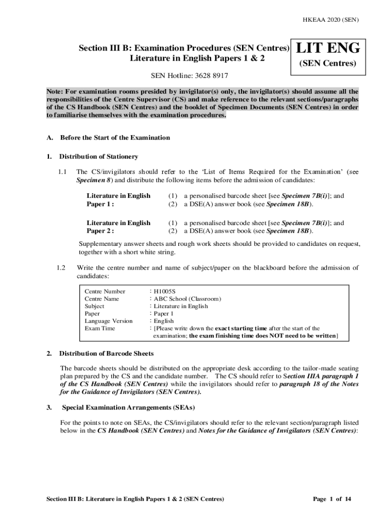 Fillable Online Literature in English Papers 1 & 2 (SEN Centres) Fax ...
