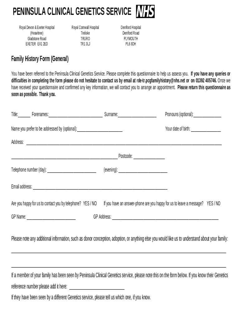 genetics program - family history (general) Doc Template | pdfFiller