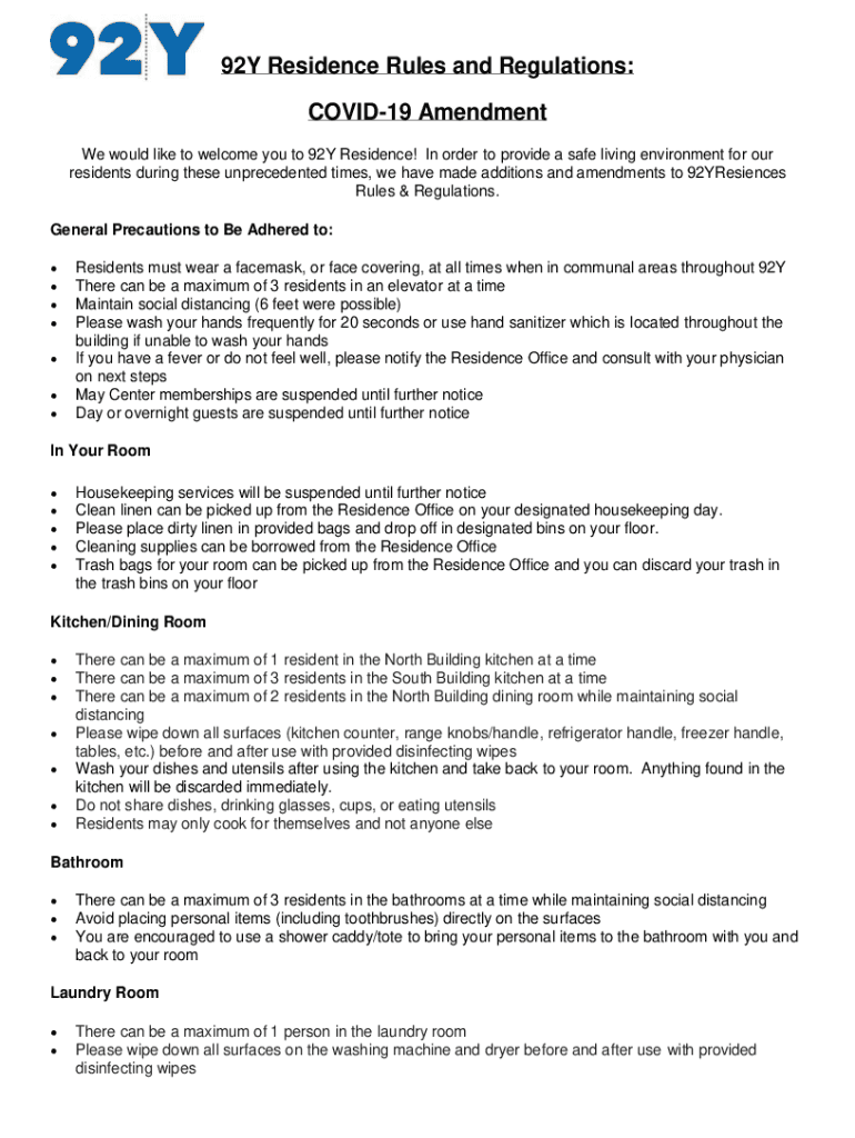 Fillable Online 92Y Residence Rules and Regulations: COVID-19 Amendment ...