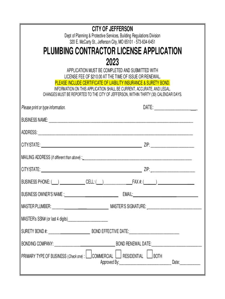 Fillable Online plumbing contractor license application 2023 - Revize ...